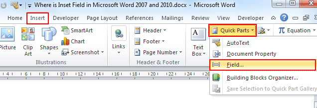 Where Is The Insert Field In Microsoft Word 2007 2010 2013 2016 2019 And 365