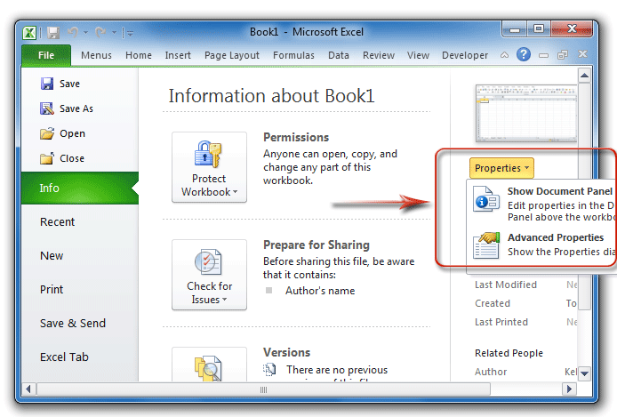 Where Is Document Properties In Microsoft Excel 2007 2010 2013 2016 2019 And 365